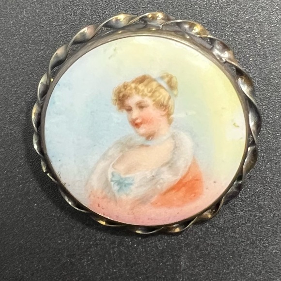 Jewelry | Vintage Ceramic Hand Painted Portrait Brooch Sterling Silver ...
